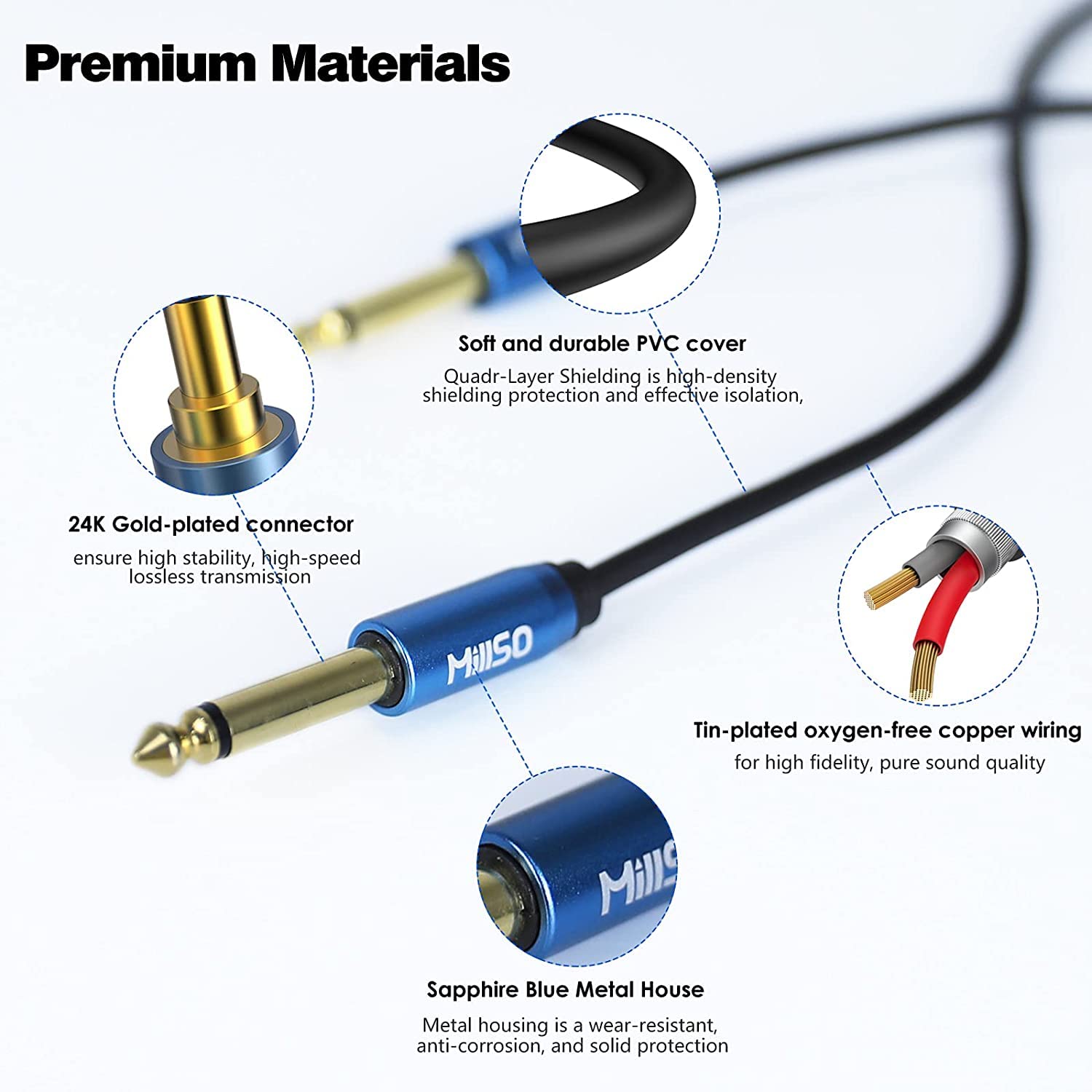 MillSO Guitar Cable 8 ft, TS 1/4 Inch Instrument Cable Straight-Straight 6.35mm Electric Guitar Cord for Bass AMP, Speaker, Patch, Pedal, Keyboard, Mixer, Amplifier - Sapphire Blue
