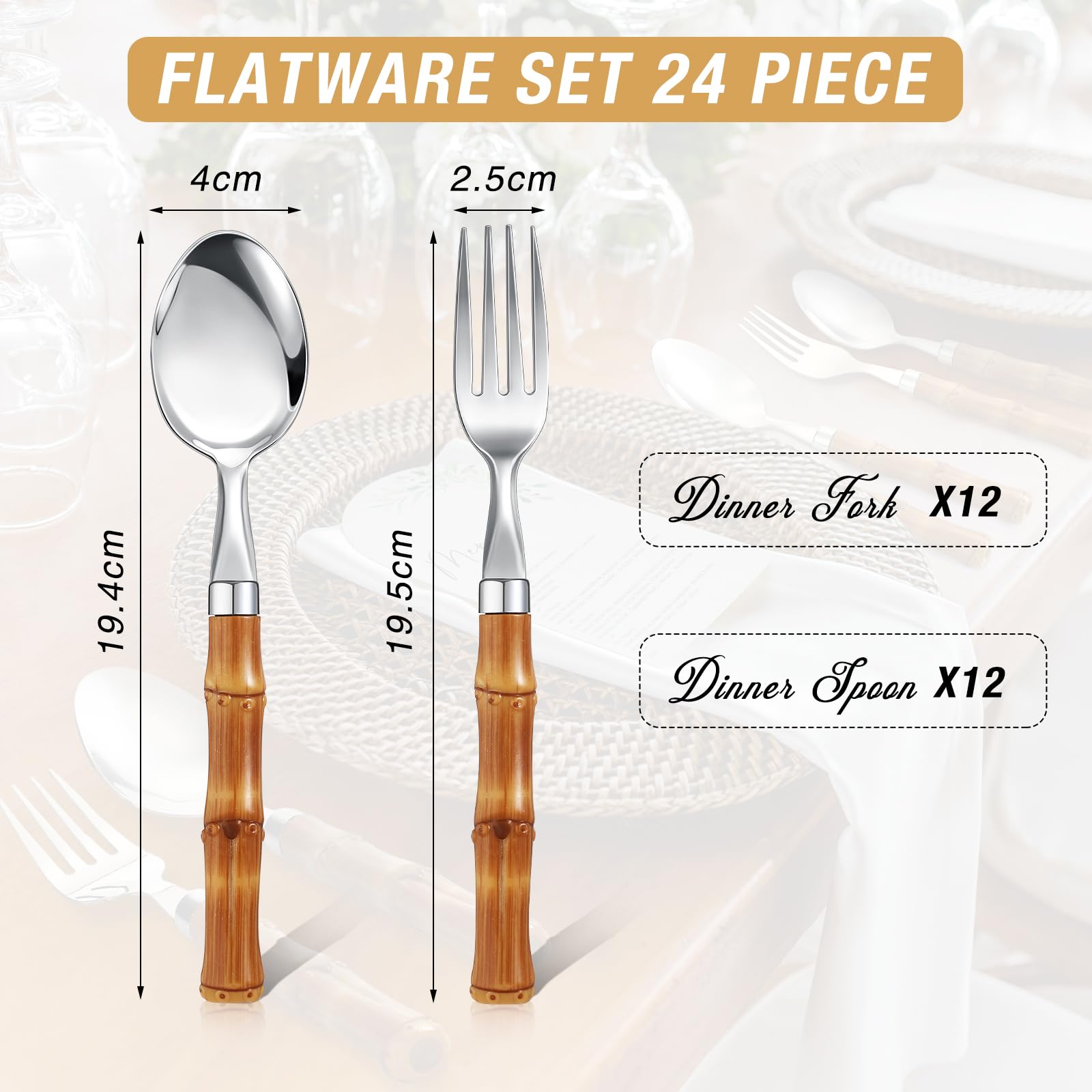 Bokon 24 Pcs Bamboo Silverware Set Bamboo Utensils Set for 2 Include 12 Pcs Spoons 12 Pcs Forks Bamboo Flatware Set Natural Bamboo Cutlery Dishwasher Safe Stainless Steel Silverware Set
