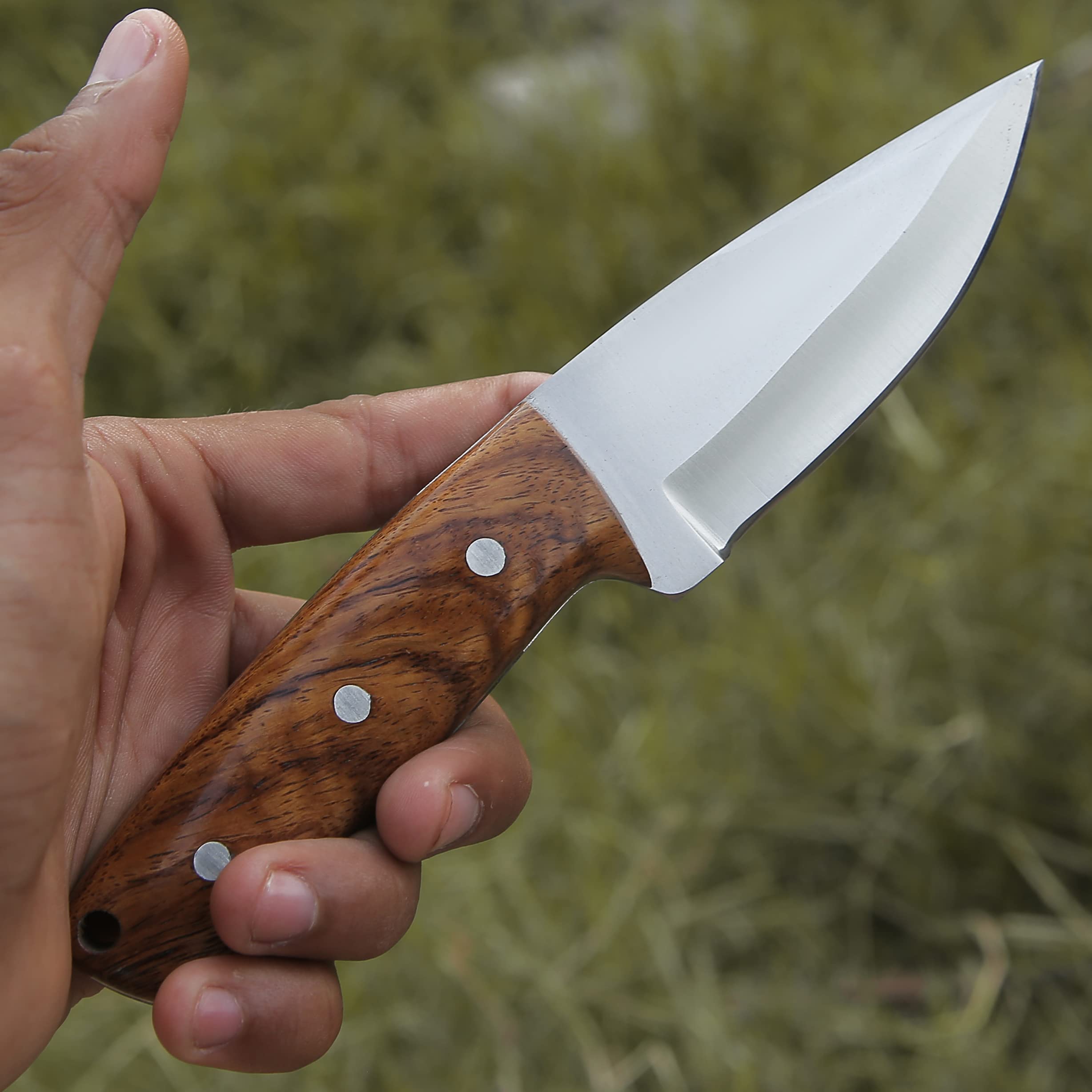 Carbon Steel Hunting - 8" Full TangBlade Wood Handle Skinner Knife With Oxford Leather Sheath - Tactical Survival Military Knife
