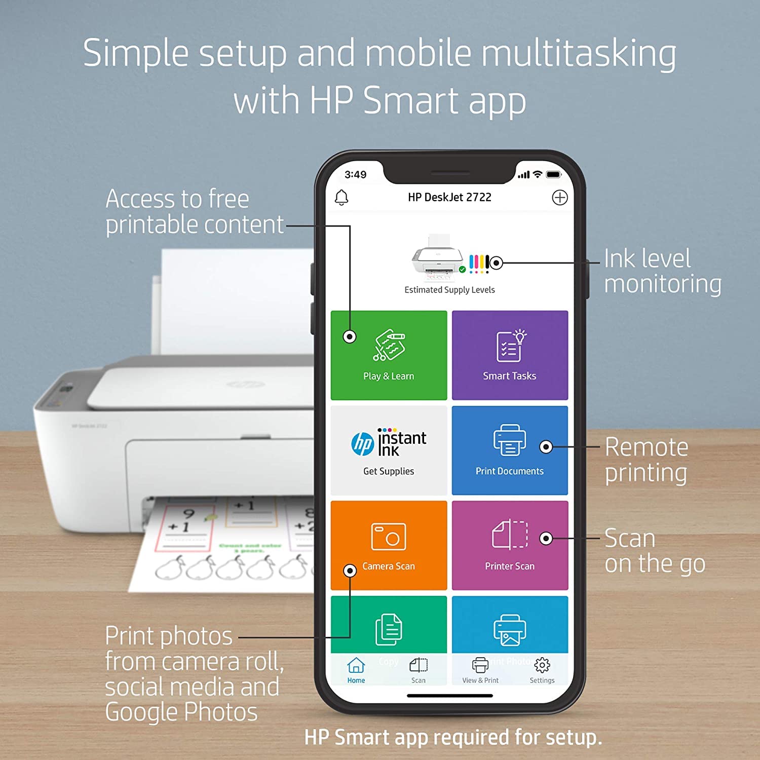 HP DeskJet 27 22 All-in-One Wireless Color Inkjet Printer, White - Print, Scan, Copy - 1200 x 1200 dpi, Flatbed Scanner, Icon LCD Display, WiFi, Bluetooth, USB Connectivity, CBMOUN Printer Cable