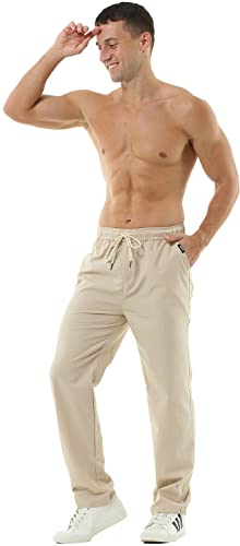 HOEREV Men Casual Beach Trousers Linen Summer Pants, Beige, Large