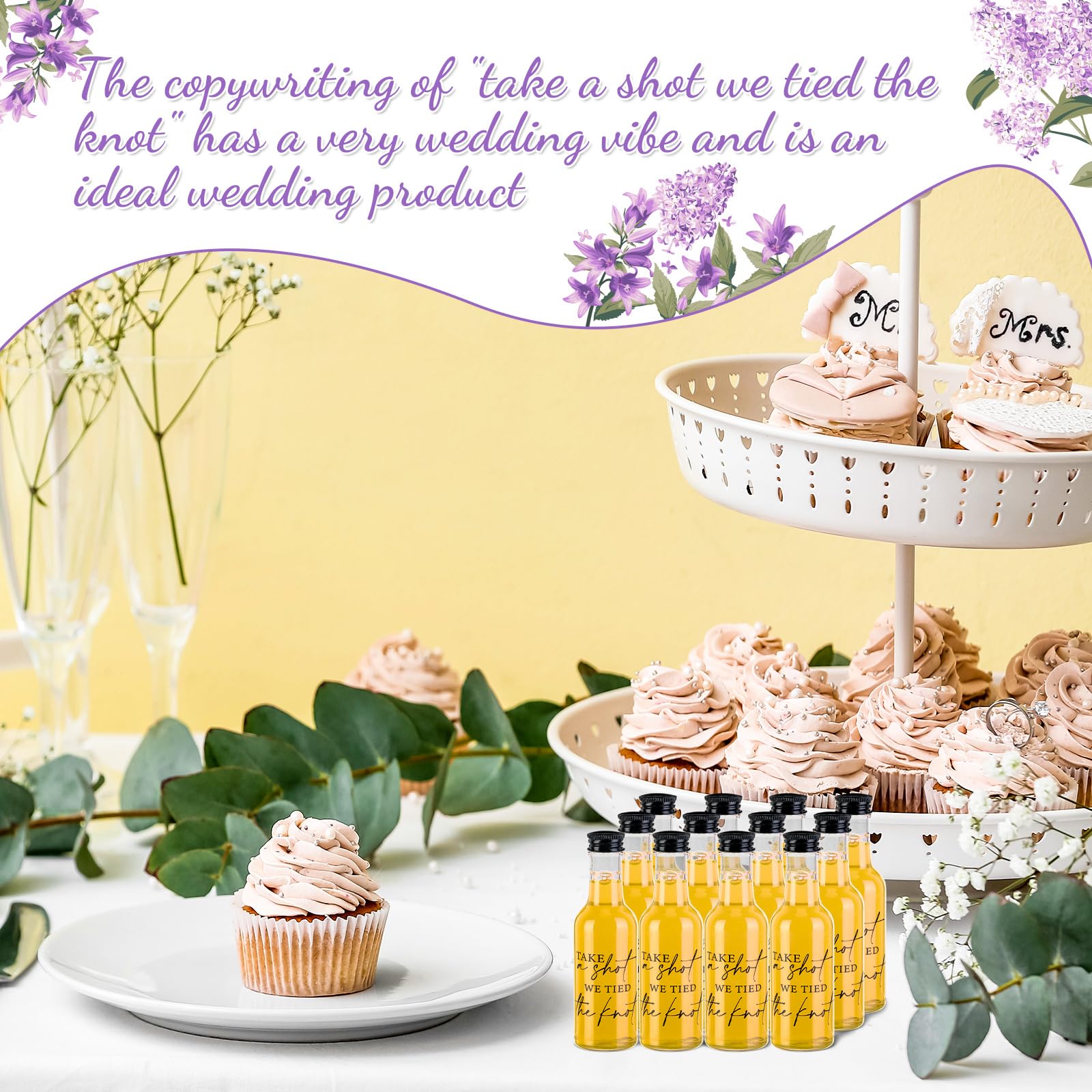 Bokon Mini Wedding Liquor Bottles Take a Shot We Tied The Knot Shot Glasses for Guests 1.7 Fl Oz/ 50 ml Plastic Reusable Empty Bottle with Cap Funnel Acrylic Shot Bottles for Bridal Party (100 Pcs)