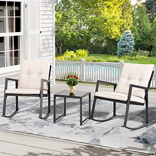 JAMFLY 3-Piece Patio Rocking Bistro Set, Outdoor Wicker Furniture Balcony Porch Chairs Conversation Sets with Glass Coffee Table (Beige)