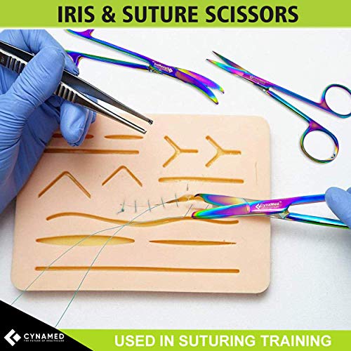Cynamed Suture Stitch Scissors with Multicolor/Rainbow Titanium Coating - Premium Quality Instrument- Delicate Hook - Perfect for Suture Removal, First Aid, EMS Training and More (4.5 in. - Straight)