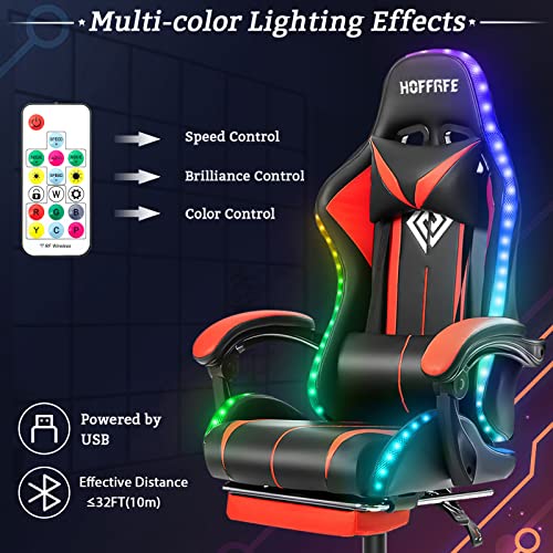 HOFFREE Gaming Chair with Bluetooth Speakers and Lights Ergonomic Computer Massage Gaming Chair with LED RGB Lights Footrest High Back Music Video Game Chair with Lumbar Support Red and Black