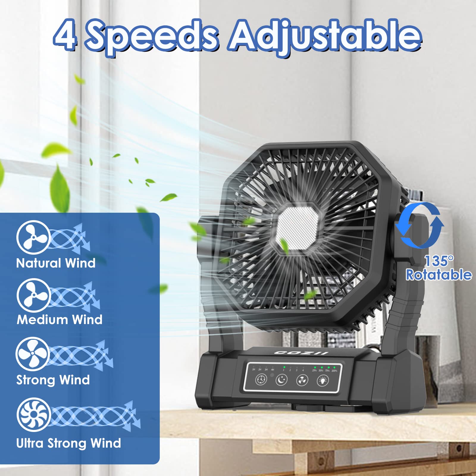 COZII 20000mAh Battery Operated Fan - Camping Fan Rechargeable with 3 Colors Light, 4 Speeds, 4 Timing, Adjustable Head, Portable Battery Powered Tent Fan with Hanging Hook for Picnic, BBQ