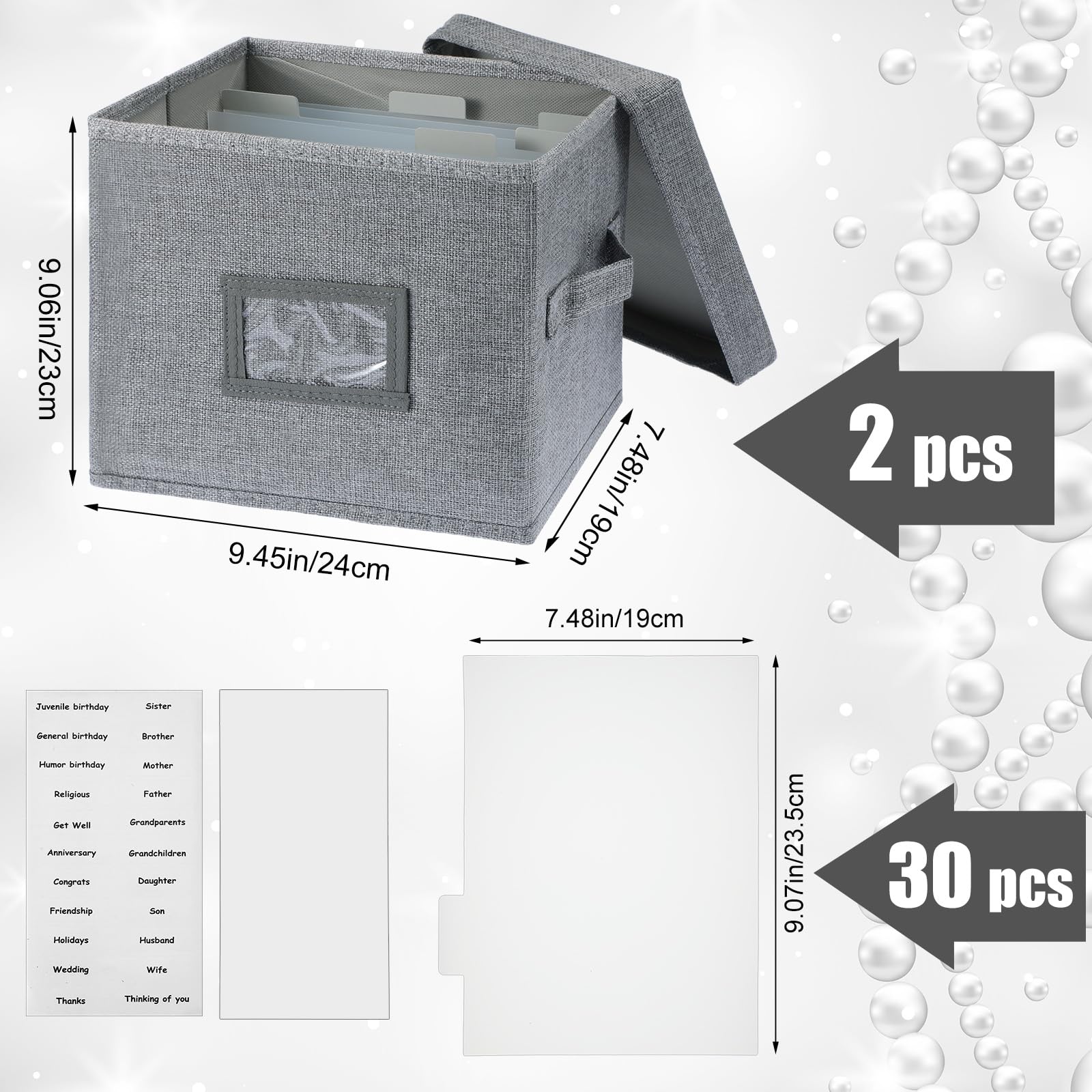 Dandat 2 Pcs Greeting Card Organizer Box with 30 Dividers Portable File Storage Box with Lid and Side Handle Stationary Organizer Box with Label Stickers for Storing Cards Envelope Photo(Gray)