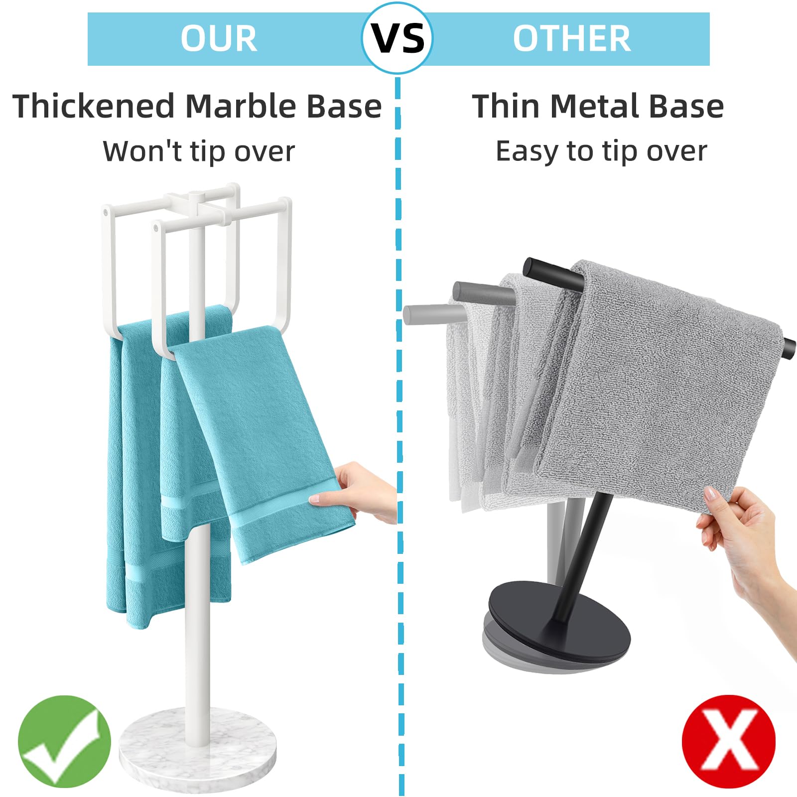 Hand Towel Holder Stand, Countertop Towel Holder Stand 22In High with Marble Base with 2 Hanging Rings for Bathroom Vanity Counter, White