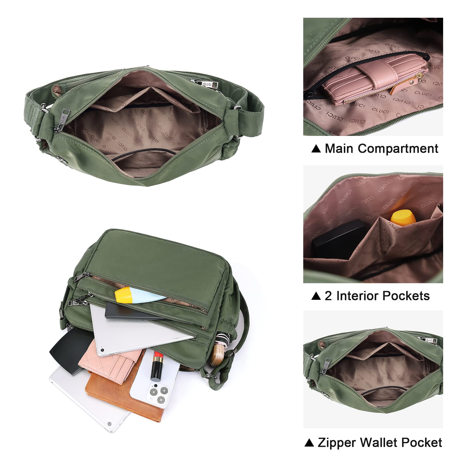 CLUCI Nylon Crossbody Purses for Women Waterproof Shoulder Multiple Pockets Bag Travel Handbag Green