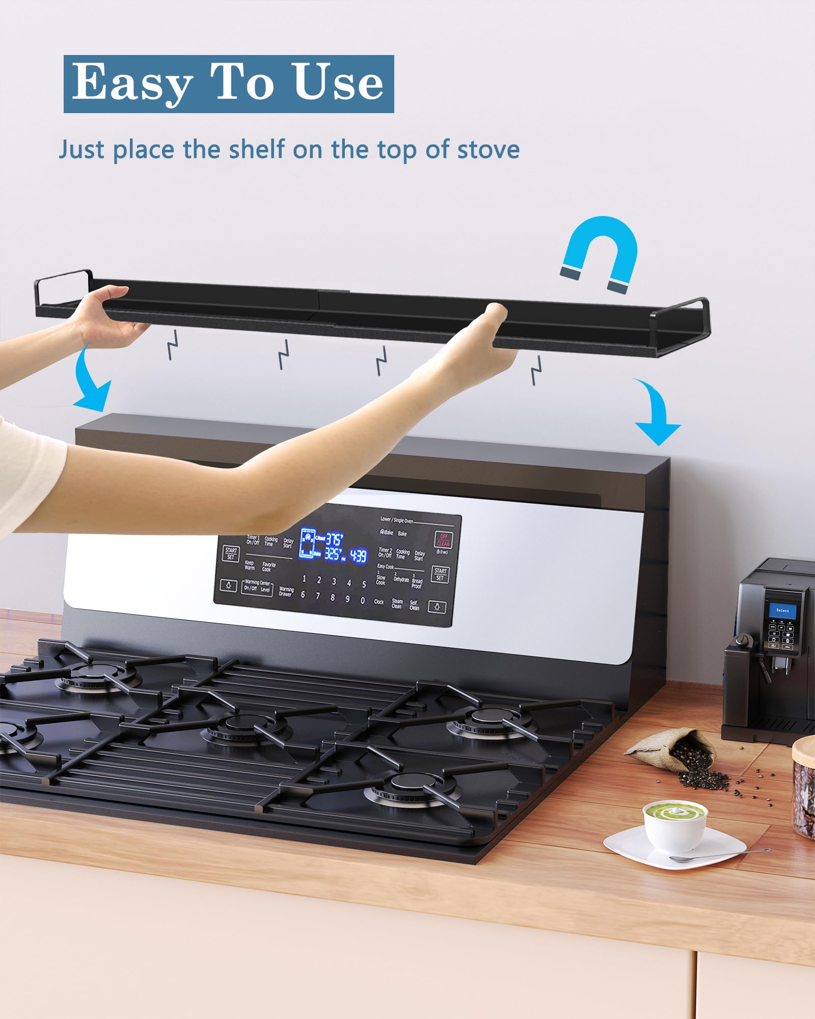 Bumusty 6X Strong Magnetic Shelf for Stove Top, 20"-30" Adjustable Stove Top Shelf, Oven Shelf Spice Rack Over the Stove, Seasoning Organizer Kitchen Shelves, Matte Black