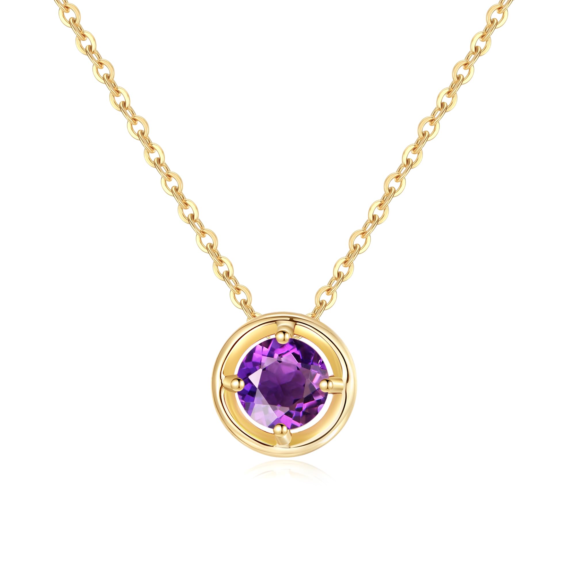 Carleen Solid 14K Yellow Gold Birthday Round Gemstone February Solitaire Amethyst Birthstone Necklace Pendant Delicate Dainty Fine Jewelry Anniversary Birthday Gift for Women Mom, 18 inch
