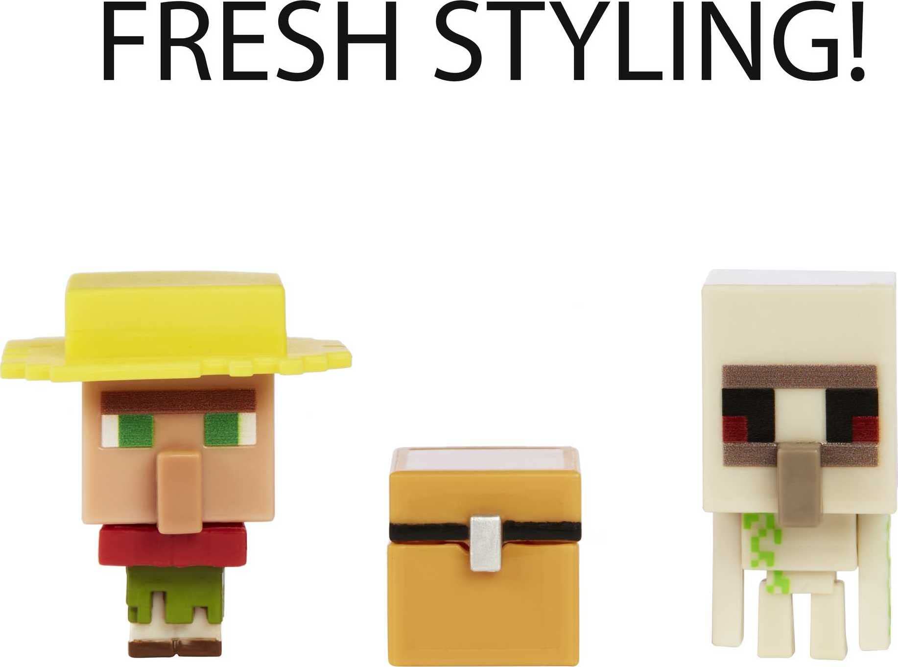 Minecraft Mob Head Minis Villager Guarding Iron Golem Pack with 2 Action Figures & Accessories, Incudes Authentic Pixelated Video-Game Characters Steve & Spider, Age 6 Years & Older