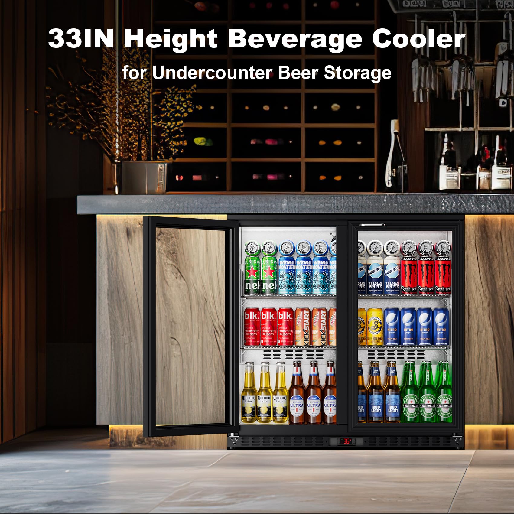 ECEVT Back Bar Cooler Under Counter Refrigerator Double Door 7.4 Cu.ft for Beer,Soda Drinks,Wine with LED Lighting for Commercial Display Beverage Fridge, ETL Approved 35.45" W 33.08" H