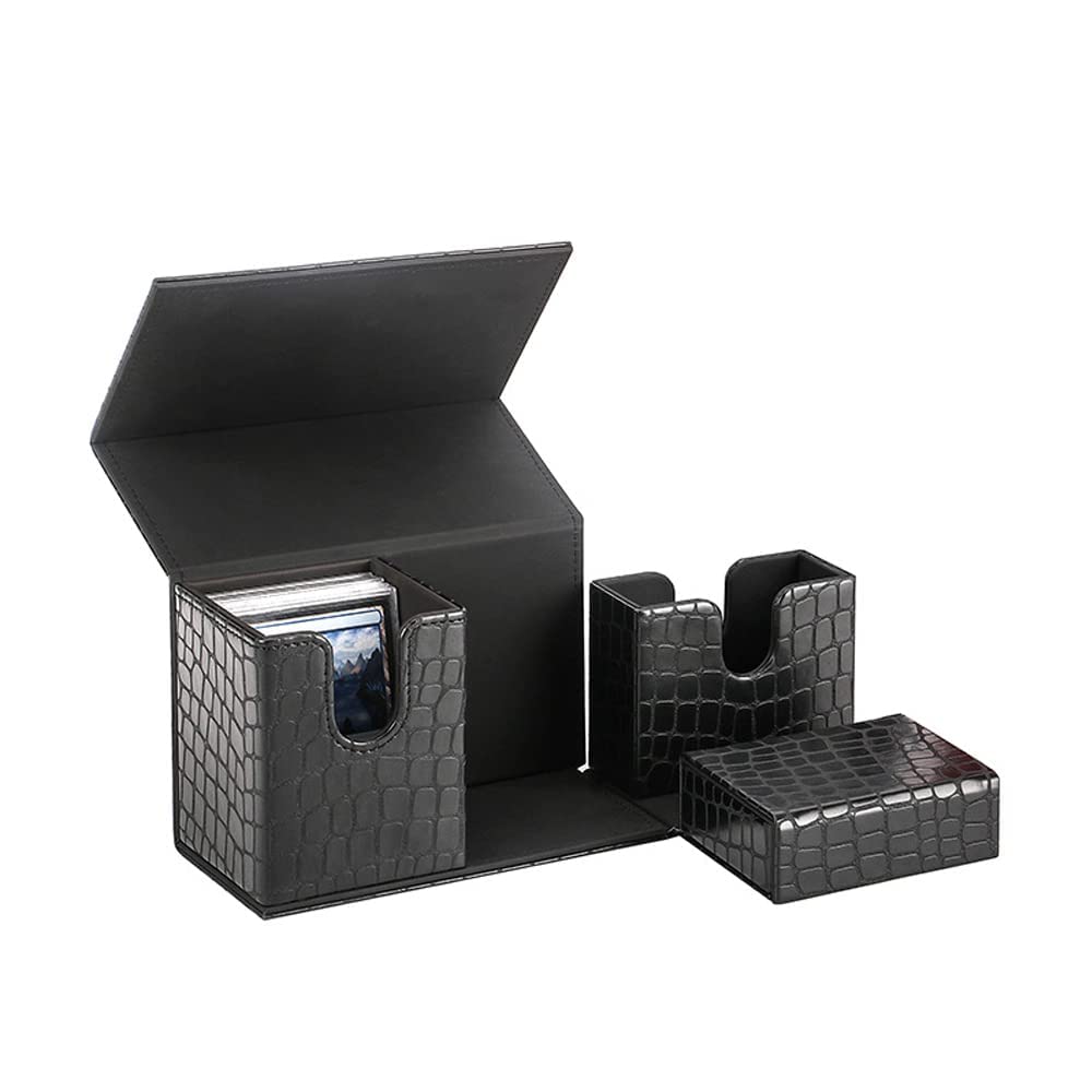 Card Game Deck Storage Box with two Compartment for cards and one for dice-Holds up to 192+ Cards and 15 Dice-PU leather with a comfortable touch-MTG/TCG/CCG/YugiOh/ultimate guard/commander(Black)