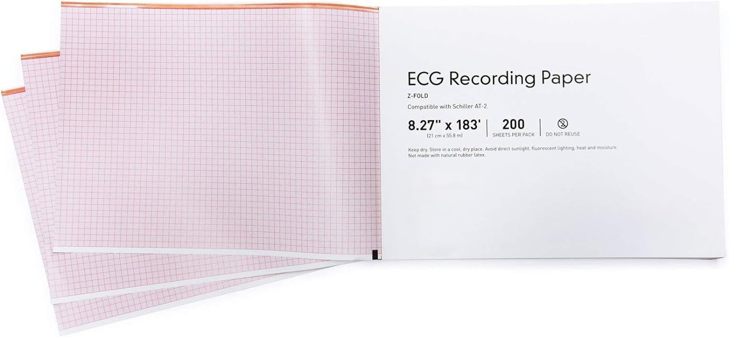 ECG Paper Depot ECG Recording Paper, Red Grid Thermal Paper, 8.27 in x 138 ft, 200 Count, Compatible with The Schiller at-2, (1 Pack)
