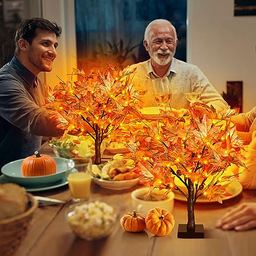 FastDeng 1.5ft Lighted Maple Tree, Artificial Fall Maple Tree with 36 LED Lights, 72 Leaves,6 Acorns, Autumn Tabletop Tree with Burlap Base for Indoor Fall Harvest, Thanksgiving Decorations (2Pack)