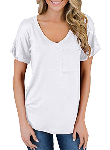 MIHOLL Women's Short Sleeve V-Neck Shirts Loose Casual Tee T-Shirt (White, Large)