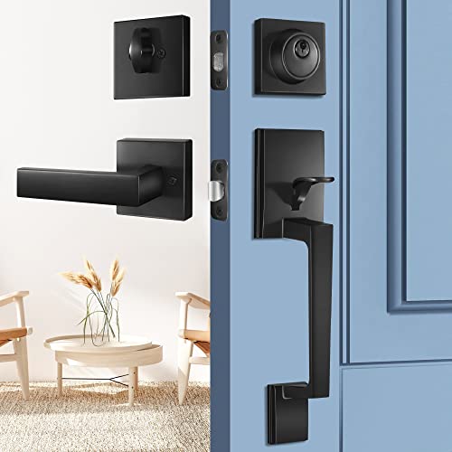 Felibat Matte Black Front Door Handle,Exterior Front Door Lock Set with Single Cylinder Deadbolt and Door Lever,Entry Door Locksets