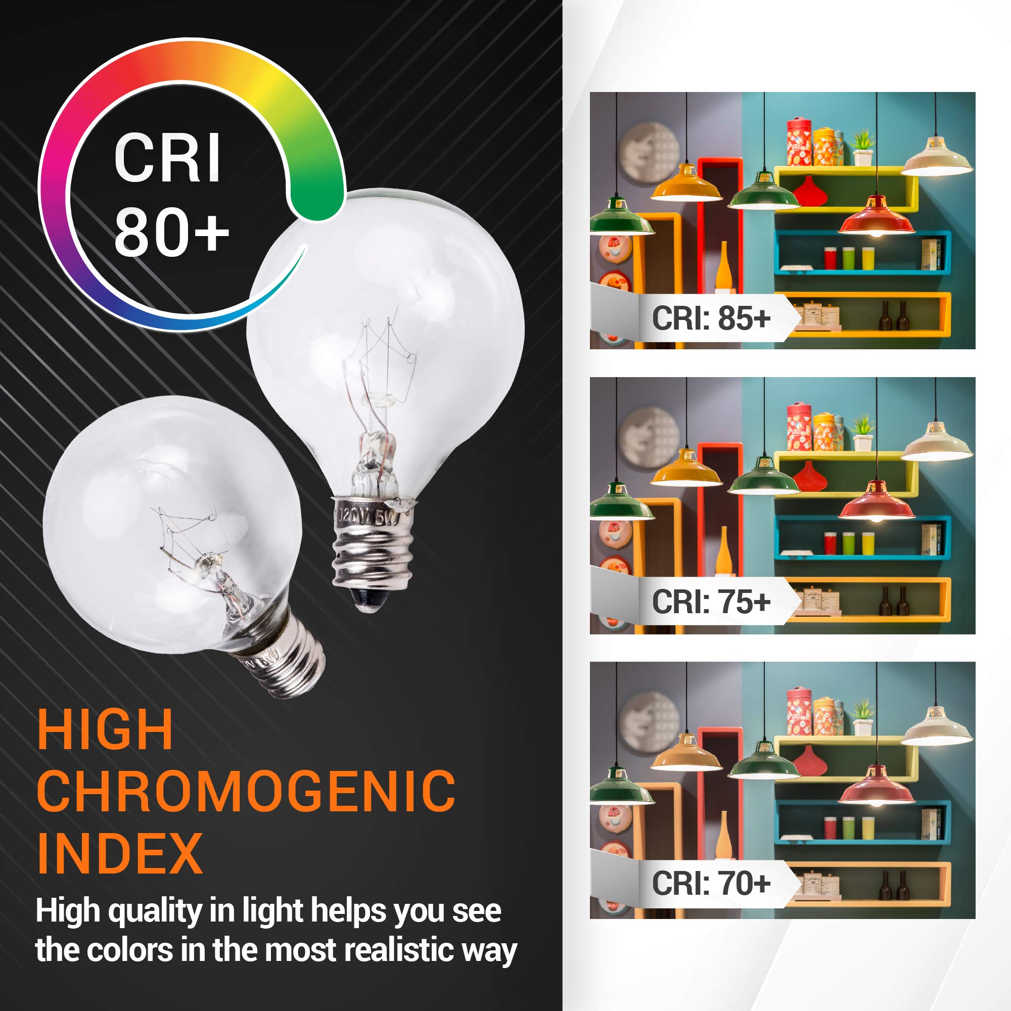 BlueStars E12 G40 Bulb 120V 5W Pack of 50 Replacement Bulb High Output Warm White Light Dimmable 2500K 25 lm for String Lights Screw Base Outdoor/Indoor