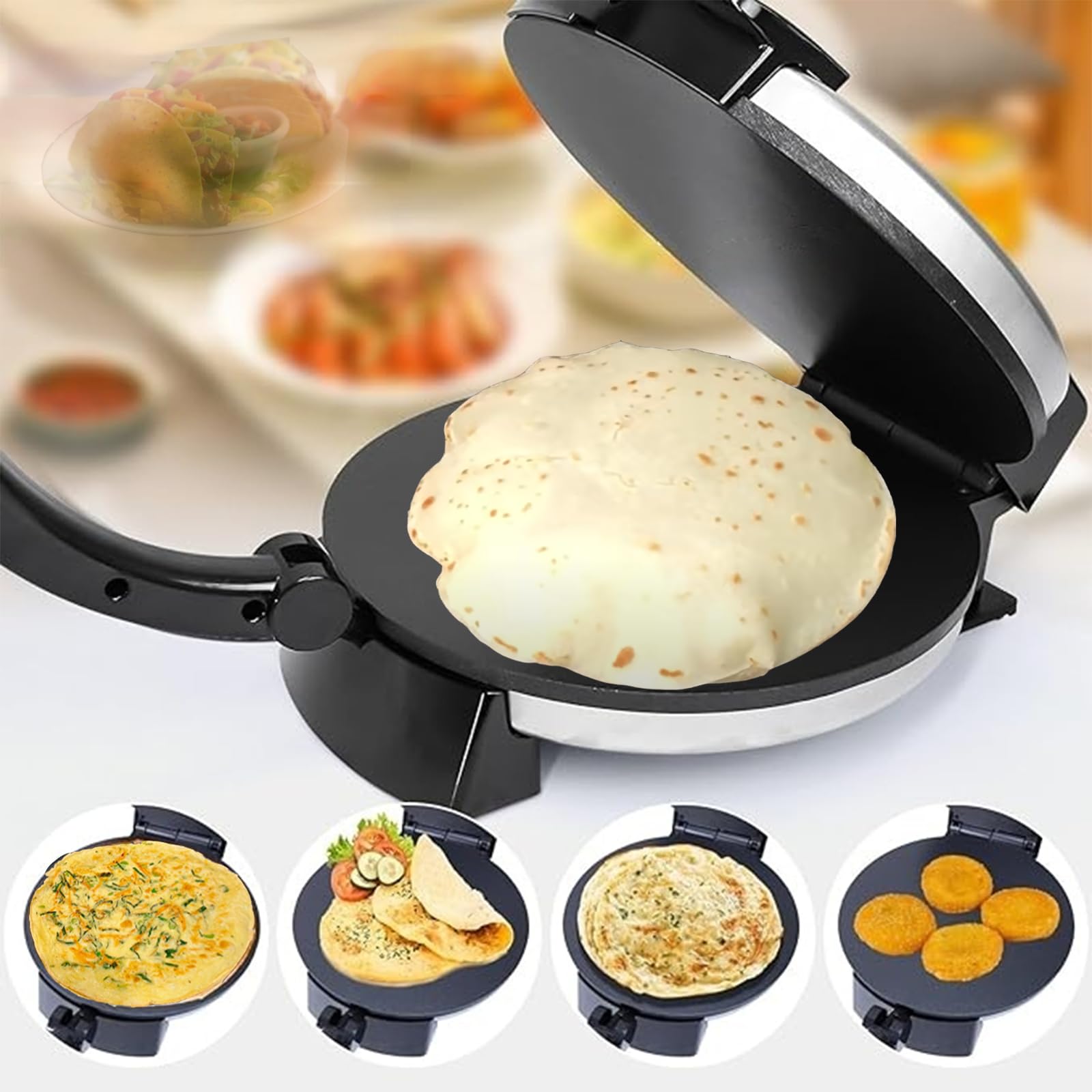 Electric Tortilla Maker 10 Inch, Roti Maker, Electric Tortilla Press, Temperature Controllable, The Automatic Stainless Steel Non-Stick Electric Machine To Make Indian Style Chapati