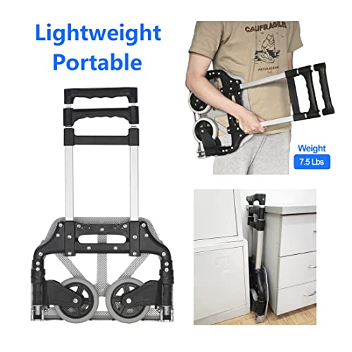 Double Rhombus Folding Hand Truck Dolly Cart, 330 Lbs Load Capacity Aluminium Trolley Cart with Telescoping Handle, 2 Rubber Wheels, Bungee Cords for Luggage, Travel, Moving, Shopping, Office Use