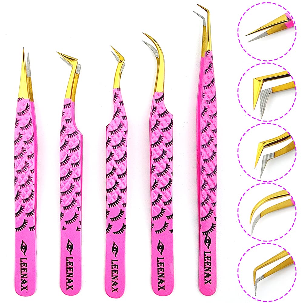 Leenax Diamond Grip Stainless-Steel Eyelash Extension Tweezers for False Lashes Extension 2D -6D Volume Tweezers. BG01 Blue,Gold