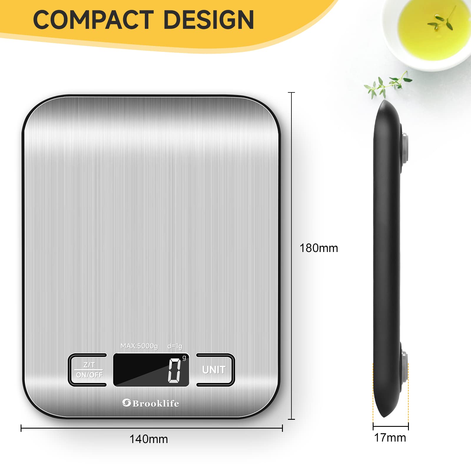 Brooklife Compact and Large Digital Kitchen Scales, Food Scales, for Baking and Cooking, Food-Grade Stainless Steel, Built-in AAA Batteries included, 6 Units with Tare Function (Large)
