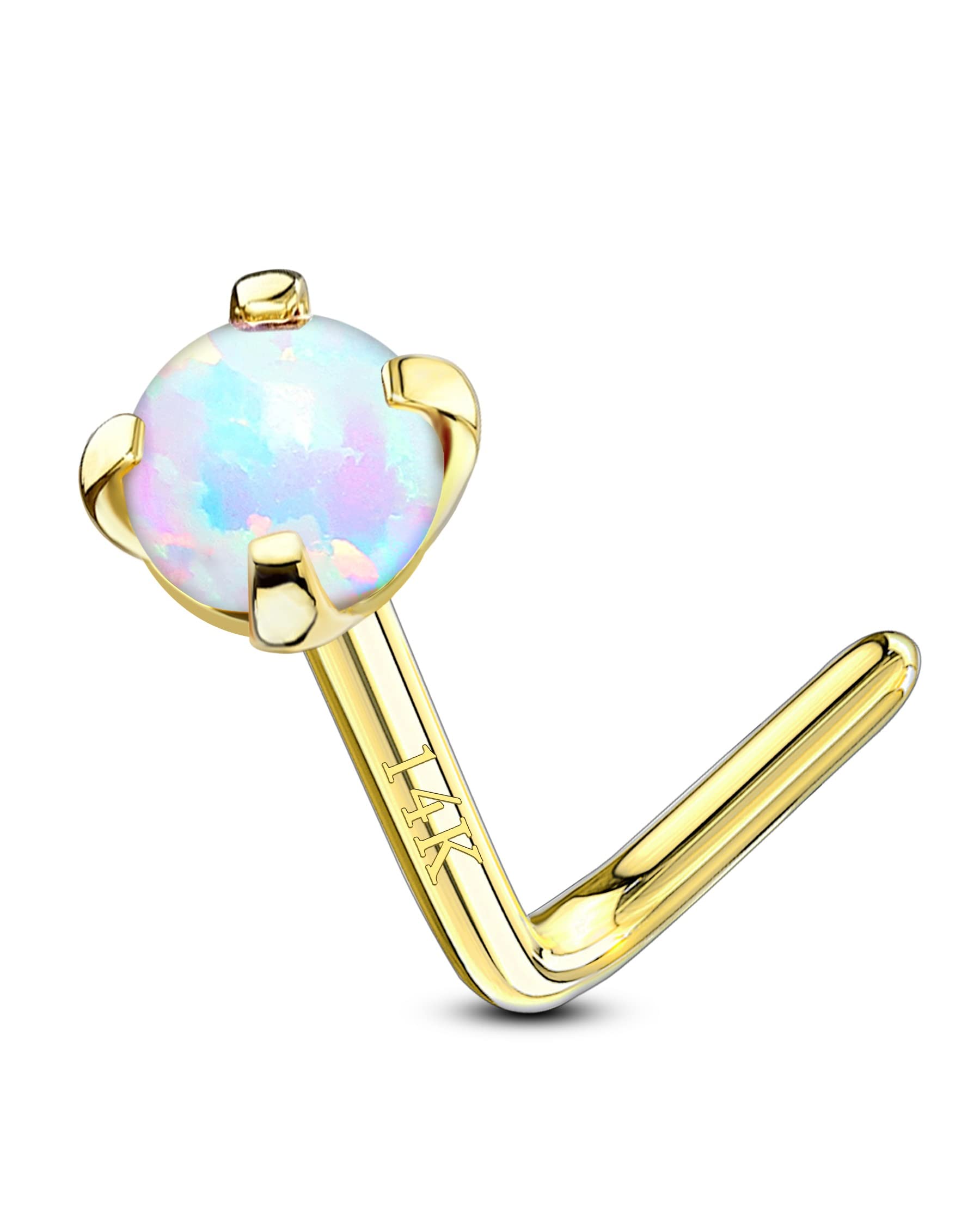 CM Crareesi Mania 14K Gold Nose Ring Solid Yellow Gold Opal Nose Piercing Jewelry 20G L-Shaped Nose Ring Studs Clear CZ Nose Rings Studs