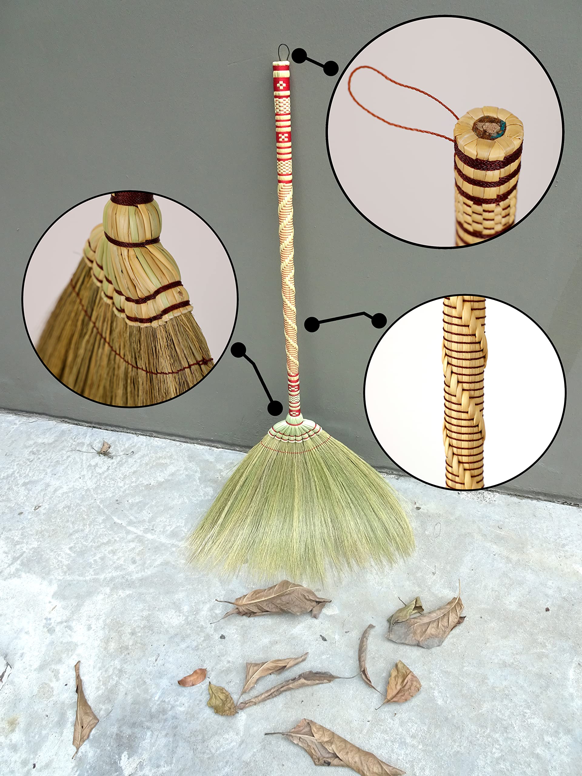 Handmade Asian Broom Natural Bamboo Wood Broomstick for Sweeping, RED or Blue Thai Grass Woven Design Corn Broom & Cover Set