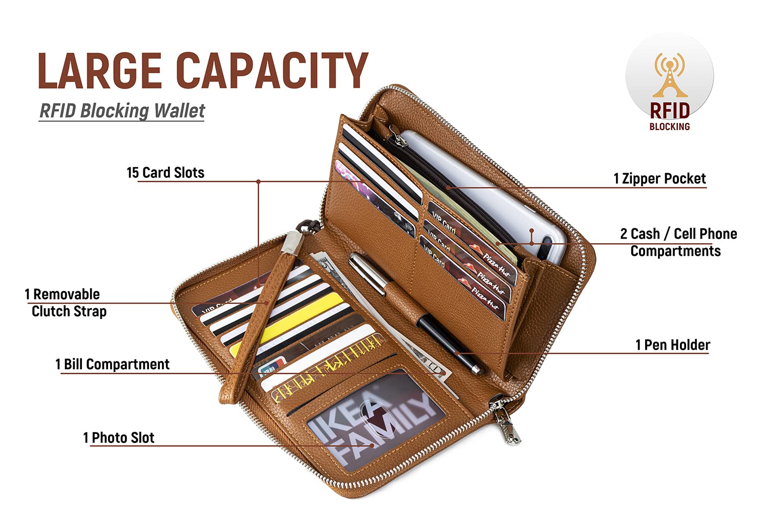 LETEULO Womens Wallets RFID Blocking Leather Wallets for Women Zip Around Clutch Purses Vintage Billfolds Card Organizer Purse (Coffee)