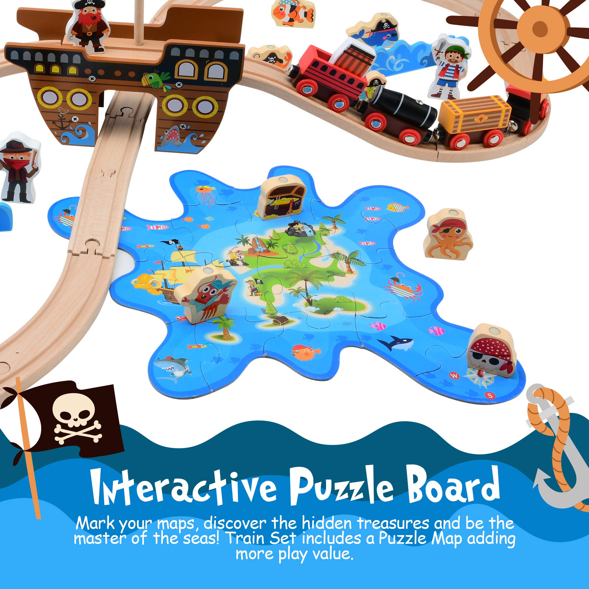 Pidoko Kids Pirate Theme Wooden Train Set - 72 Pcs - Includes Magnet Fishing Poles - Set compatible with all major brand tracks and trains