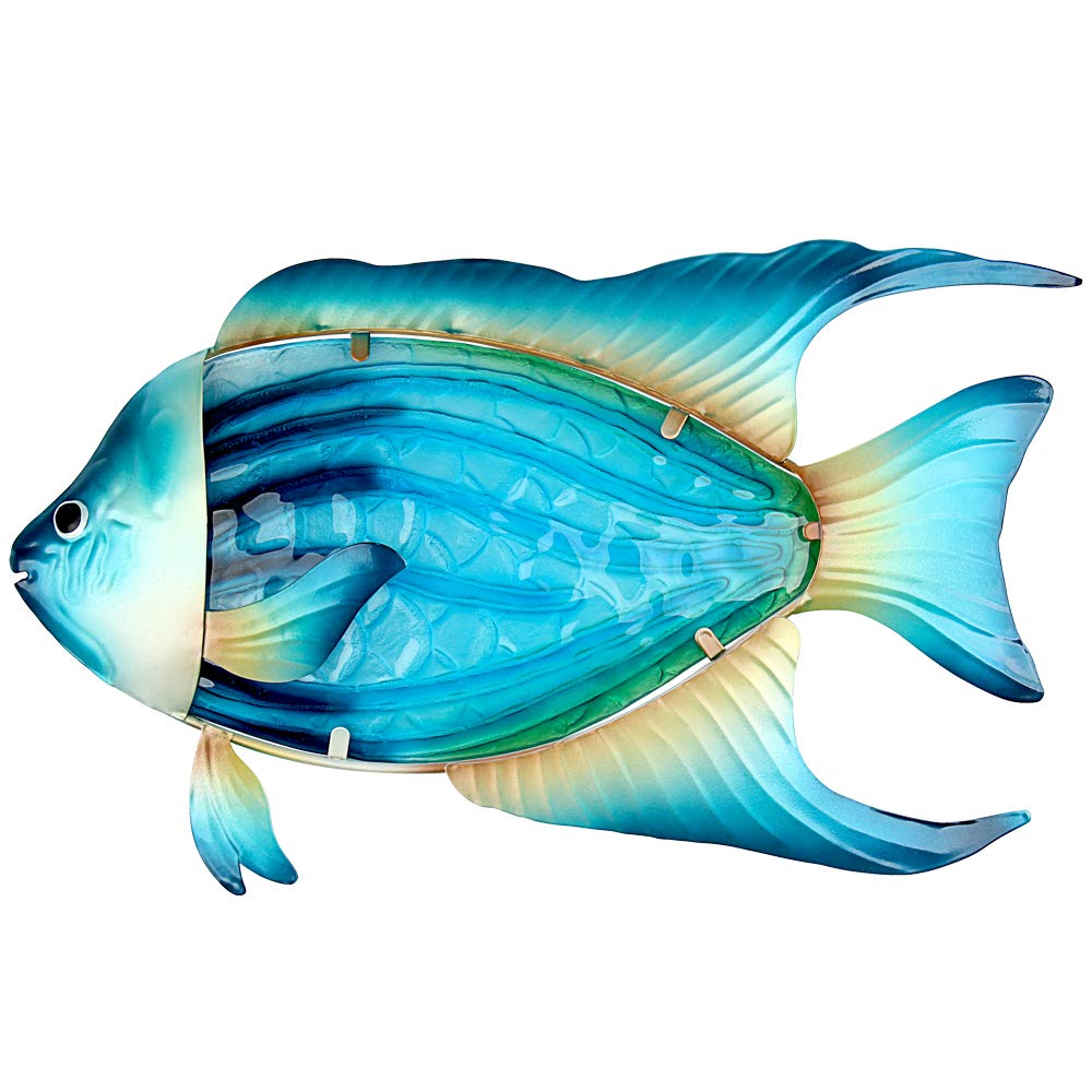 Tfro & Cile Metal Fish Wall Decor Bathroom Glass Art Iron Sculpture Outdoor Blue Ocean Hanging Decoration for Home Bedroom Garden Patio Porch or Fence