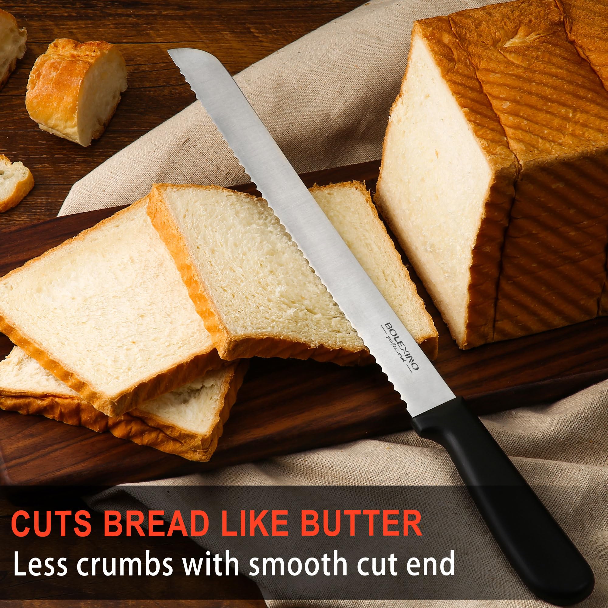 BOLEXINO 10 Inch Serrated Knife for Homemade Bread, Stainless Steel Bread Knife W/Wide Wavy Edge, Multi-Purpose Kitchen Knife, Efficient Cake Slicer, Sharp for Cutting (Black Handle)