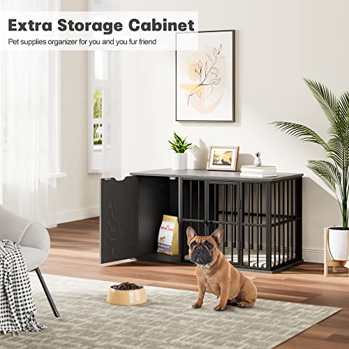 Dog Crate Furniture End Table, Wooden Dog Kennel with Cushion, Decorative Pet Crate House Cage Indoor for Small Medium Dogs, Black
