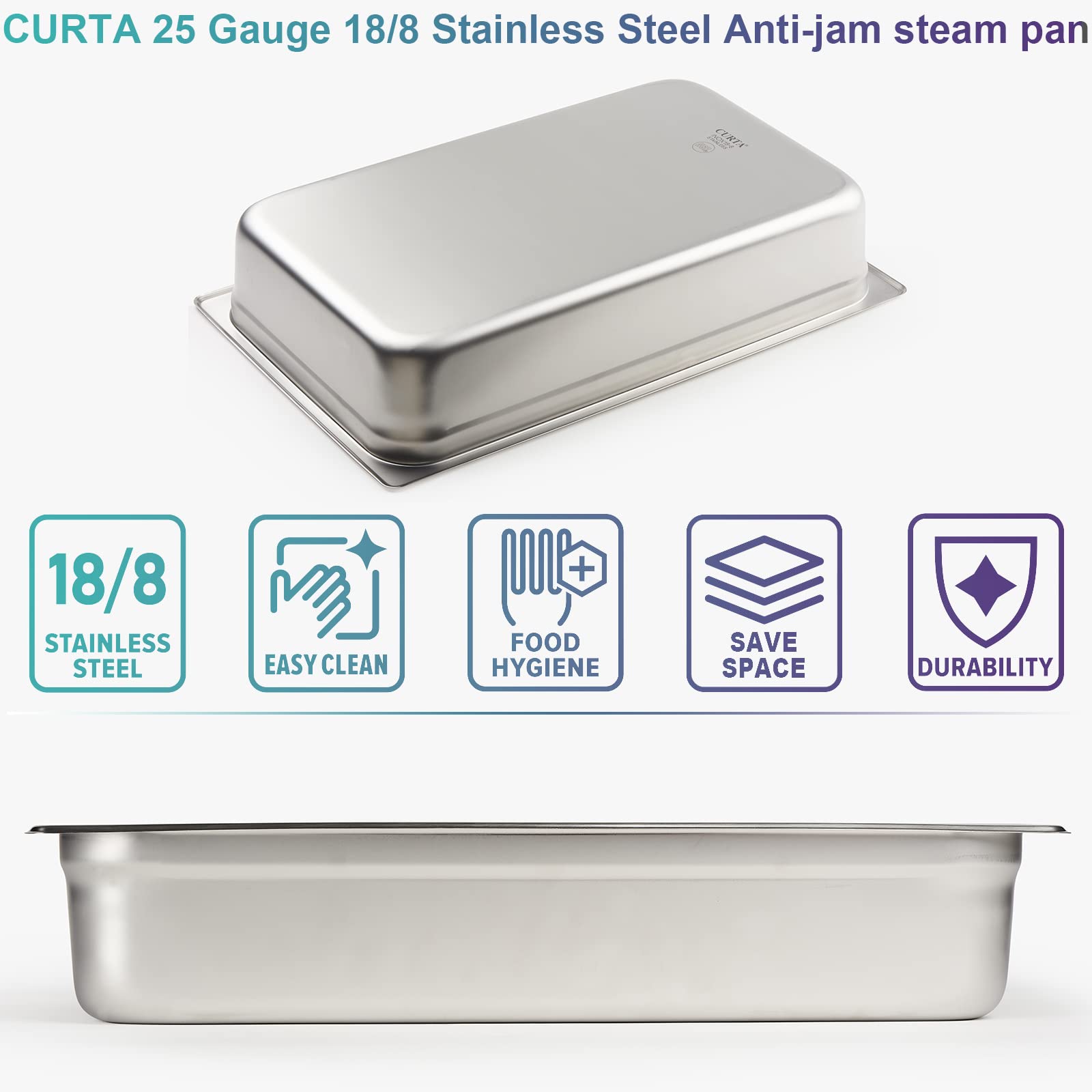 CURTA 6 Pack Anti-Jam Slotted Hotel Pans with Lids, Full Size 4 Inch Deep, NSF Commercial 18/8 Stainless Steel Chafing Steam Table Food Pan with Covers