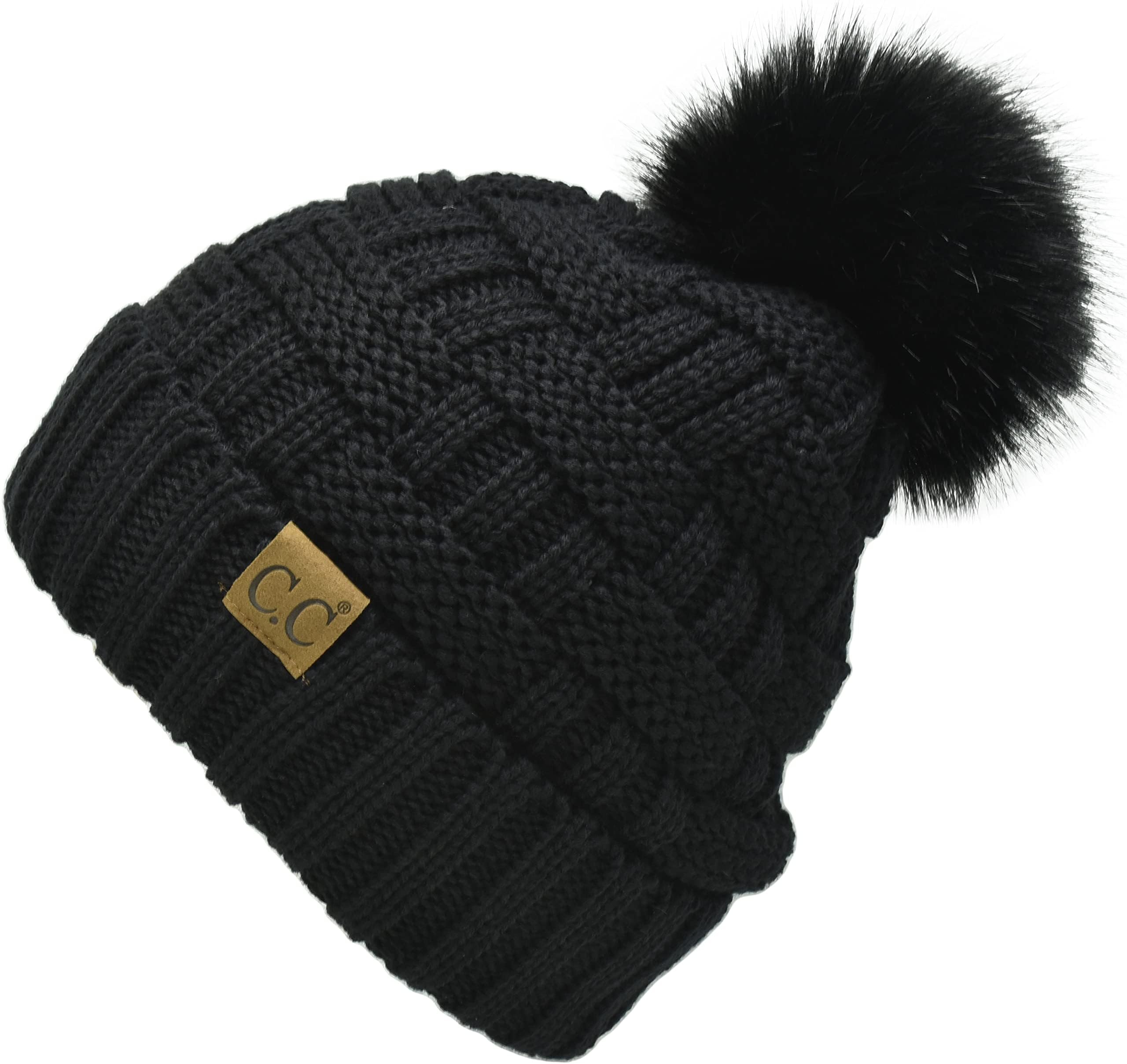 CC Beanie Fleece Lining Double Ribbed Basket Weave Knitted Stretch Pom Beanie Hat