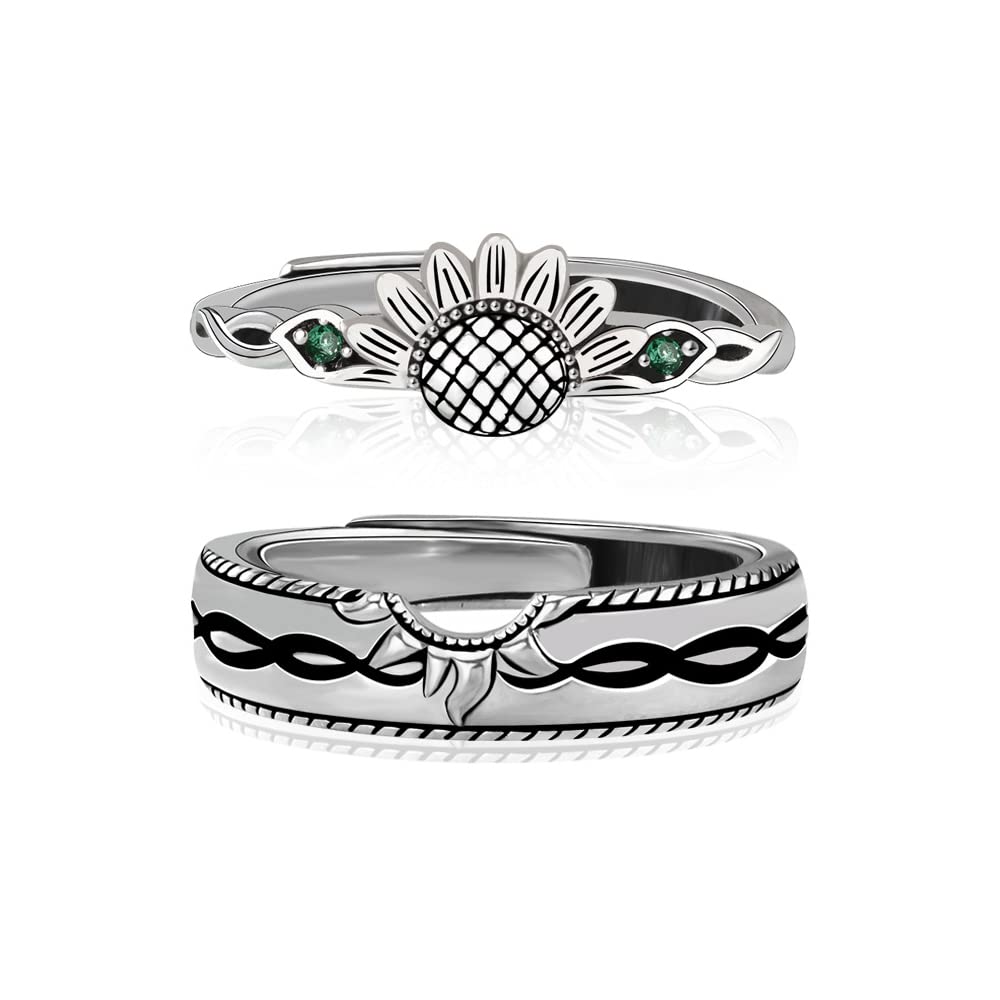 Carol&Allen 925 Sterling Silver Couple Rings Sunflower and Sun Adjustable Loose Band Rings