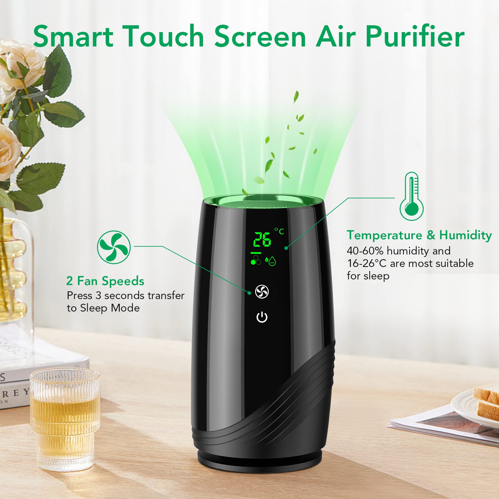 Desk Air Purifier for Office Bedroom - 3 Layer H13 True HEPA Filter Compact Air Cleaner with Smart Air Temperature & Humidity Display, Sleep Mode, Filter Change Reminder