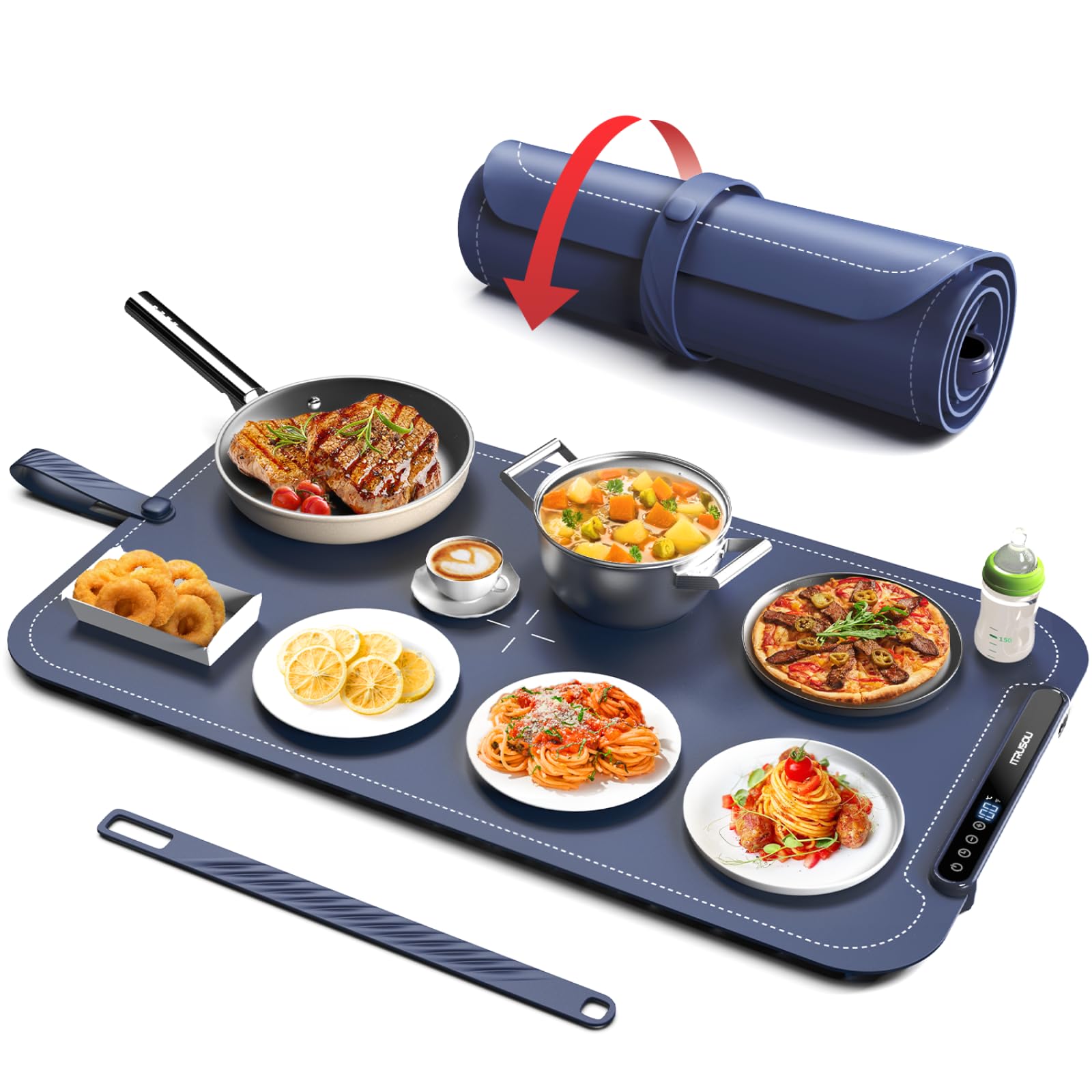 Electric Warming Tray, iTRUSOU Silicone Warming Mat for Food with 7 Temp-Settings, Switchable Celsius/Fahrenheit, 1-8Hr Auto Shut-Off, Upgrade Strap Keep Food Warm at Buffet, Party, Sabbath, Daily Use