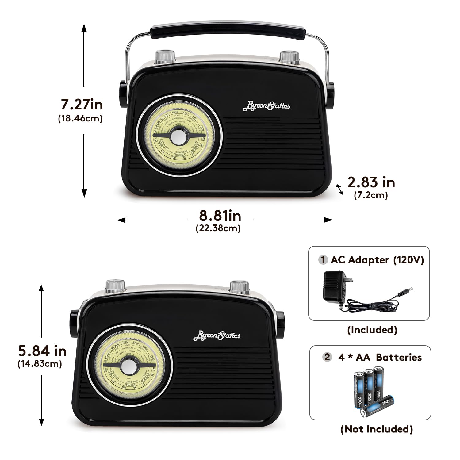 ByronStatics Black AM FM Radio - Small Portable Radios Vintage/Retro with Headphone Jack, Large Analog Rotary Tuning Dial - Power Plug or 4 x 1.5V AA Battery