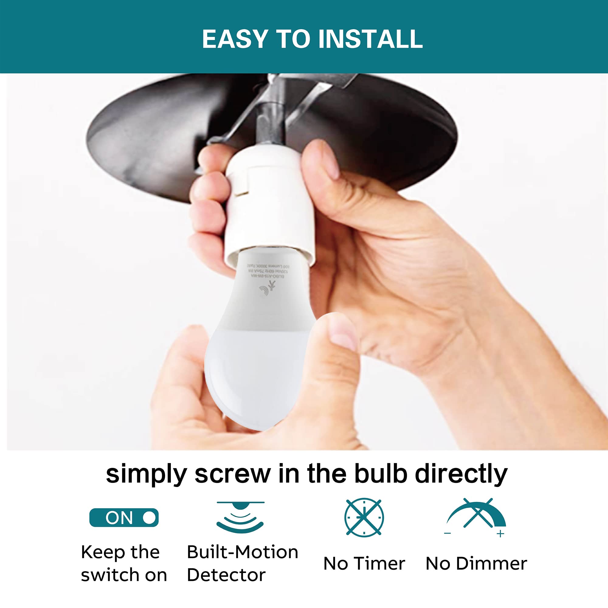 BUBO Outdoor Motion Sensor Bulb, A19, Radar Sensor Light Bulb, 9W Radar Sensor(60W Equivalent), Warm Light(3000K),800LM, Auto On/Off Porch Light, E26 Base, 4Pack