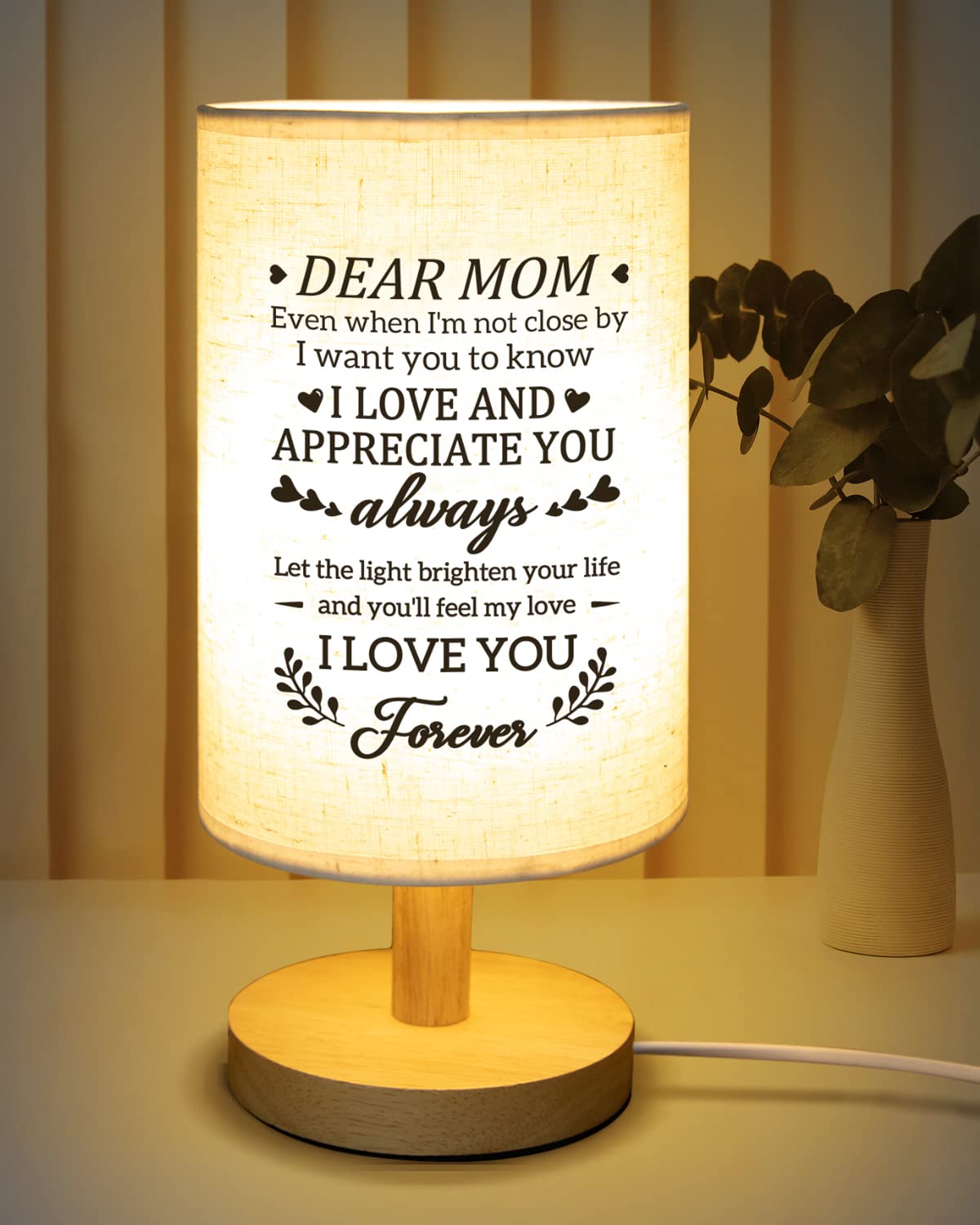 Calibron Gifts for Mom from Daughter Son, Mom Birthday Gifts Fabric Lamp, Birthday Gifts for Mom Table Lamp with Wooden Stand Unique Mom Gifts
