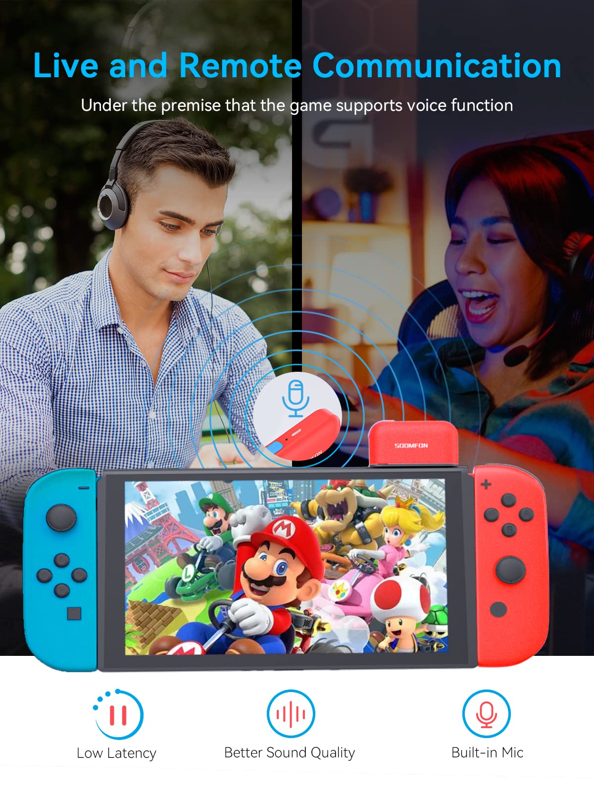 Bluetooth TransmitterâSOOMFON Bluetooth 5.0 Audio Transmitter Adapter 3.5mm Built-in Microphone Supports in-Game Chat Compatible with Switch Switch Lite, Wireless Bluetooth Earphones and Headphones