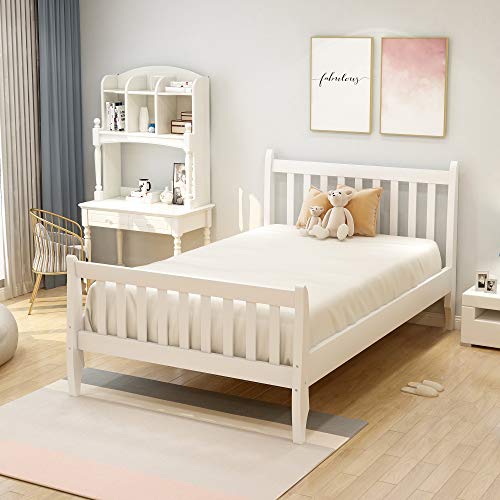 Homtique Solid Wood Twin Size Platform Bed Frame with Wooden Headborad Sturdy Slats Support Single Bed Frame for Kids and Adults,No Box Spring Needed,Easy to Assembly (White, Twin)