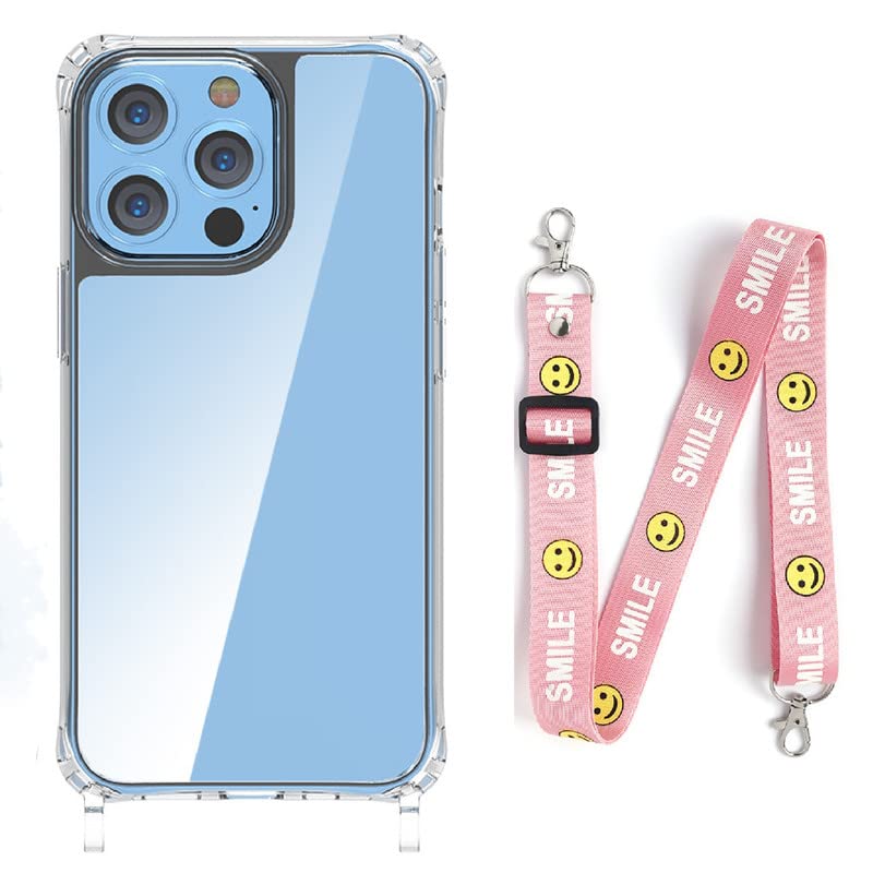 HPHRE Compatible iPhone 14 Pro Max Crossbody Case with Smiley Face Strap, Adjustable Detachable Neck Lanyard Transparent Phone Cover for iPhone 14 Pro Max 6.7 inch