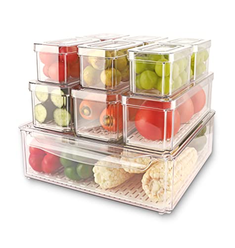 Finkoo 10 Pcs Fridge Organizer, Stackable Refrigerator Storage Bins with Lids, Kitchen Organization and storage BPA-Free Pantry Clear Storage Containers for Food, Drinks, Vegetable Fruits