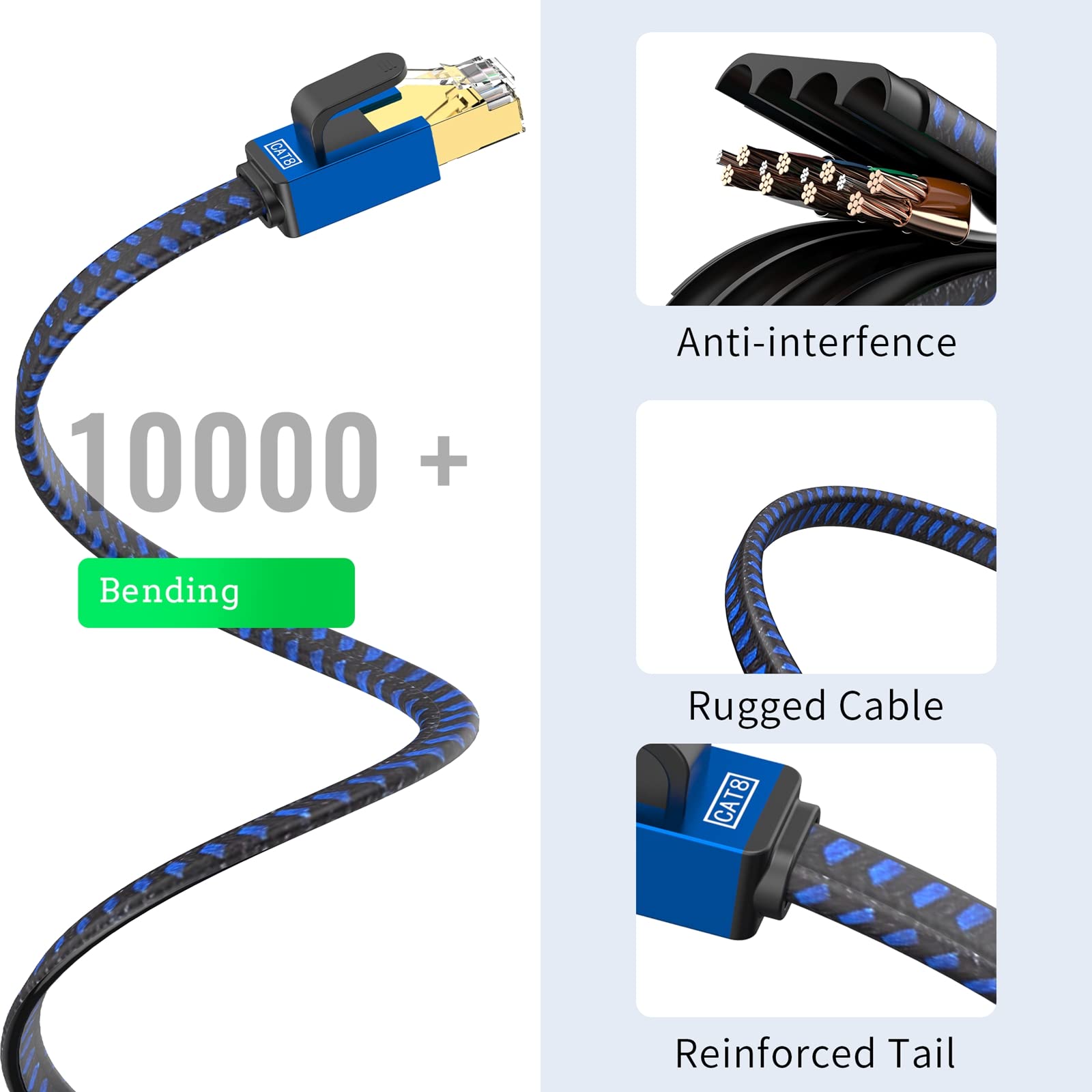 LEKVKM Cat 8 Ethernet Cable 50 FT High Speed Long Internet Cable Nylon Braided Network Cable RJ45 Connectors SSTP Shielded Flat LAN Cable Cat8 ethernet Cables 50feet for PC
