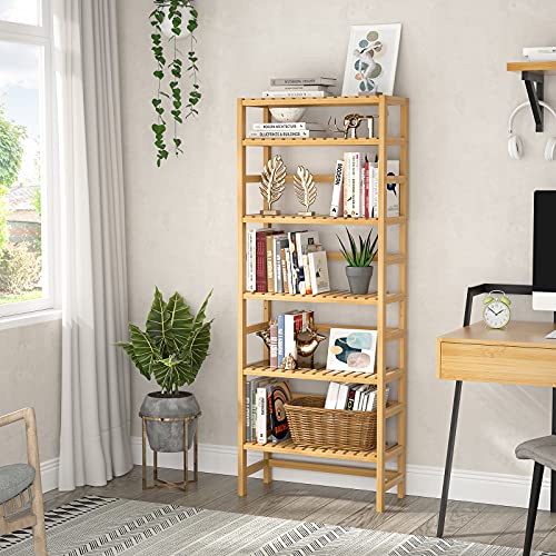 Homykic Bookshelf, 6-Tier Bamboo Adjustable 63.4β Tall Bookcase Book Shelf Organizer, Free Standing Storage Shelving Unit for Living Room, Kitchen, Bedroom, Bathroom, Office, Rust Resistance, Natural