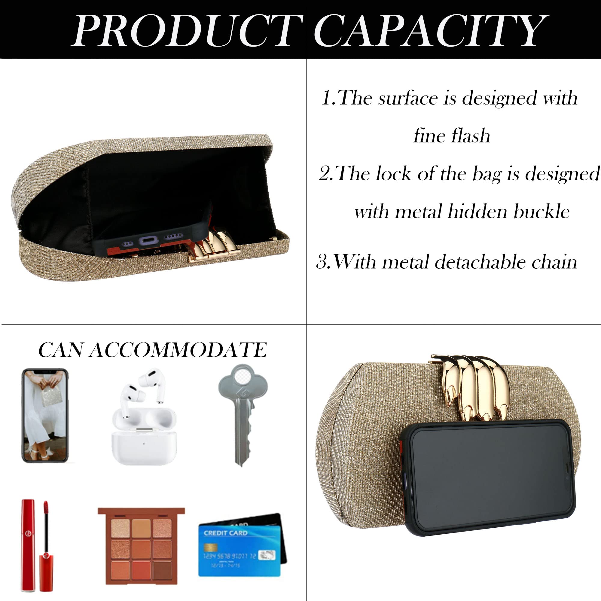 Buric Golden Glitter Clutch Purse Bling Evening Bag for Bridal Wedding Party Elegant Handbag