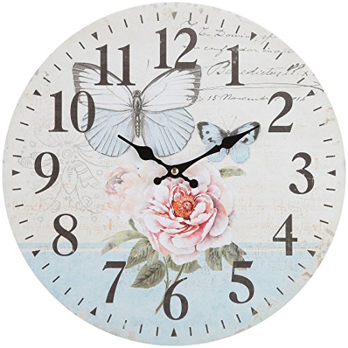 Lily's Home Retro Style Vintage Inspired Blue Swallowtail Butterfly Floral Garden Kitchen Wall Clock, Battery-Powered with Quartz Movement, Ideal Gift for Garden or Flower Lover (13" Diameter)
